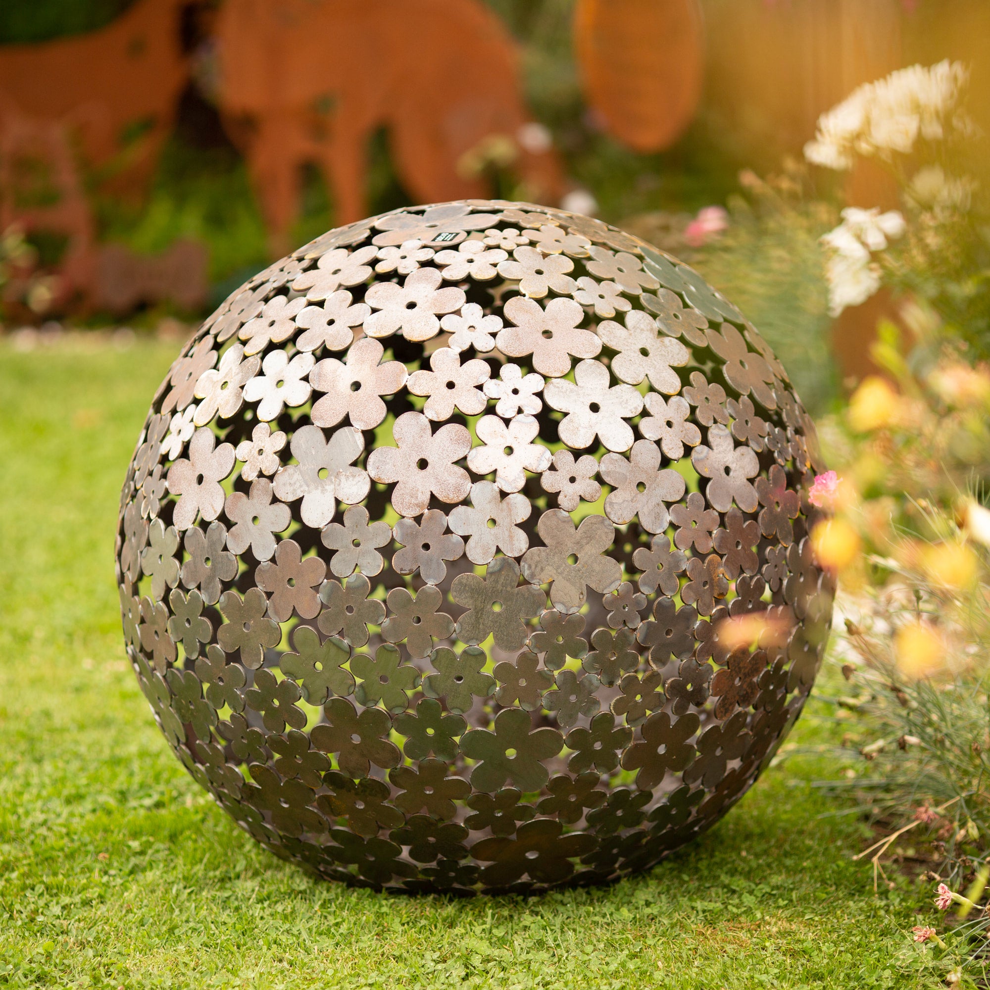 Flower Sphere Garden Sculpture | Corten Steel Rustic Metal Art | Made ...